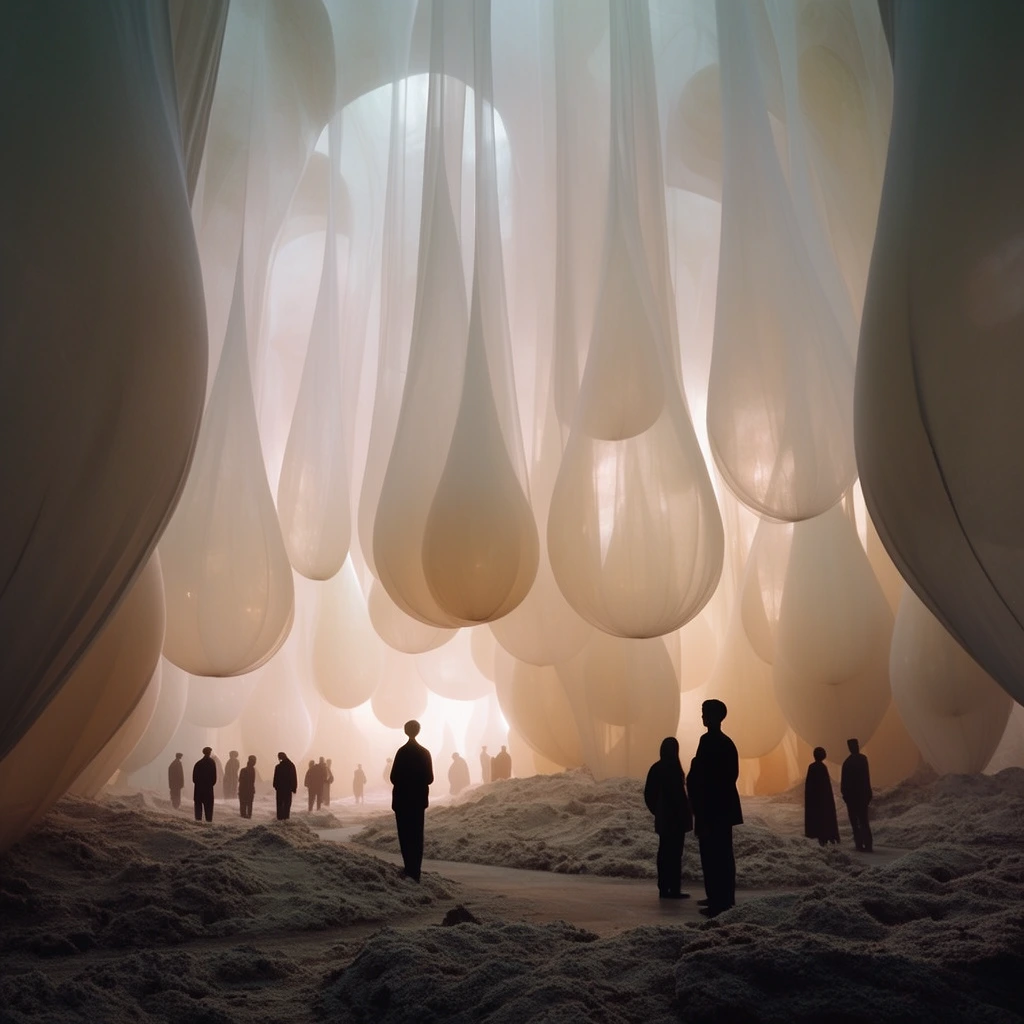 Massive translucent teardrop fabric pods suspended from... | Krea